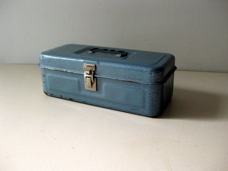 Vintage blue metal tackle box Small tackle box Industrial style metal ...