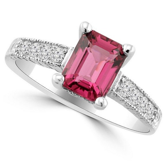 1.75ct Emerald Cut Pink Tourmaline & Diamond Engagement Ring