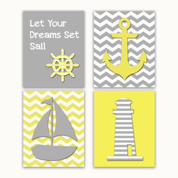 Nautical Art Print Set Let Your Dreams Set Sail in Gray and
