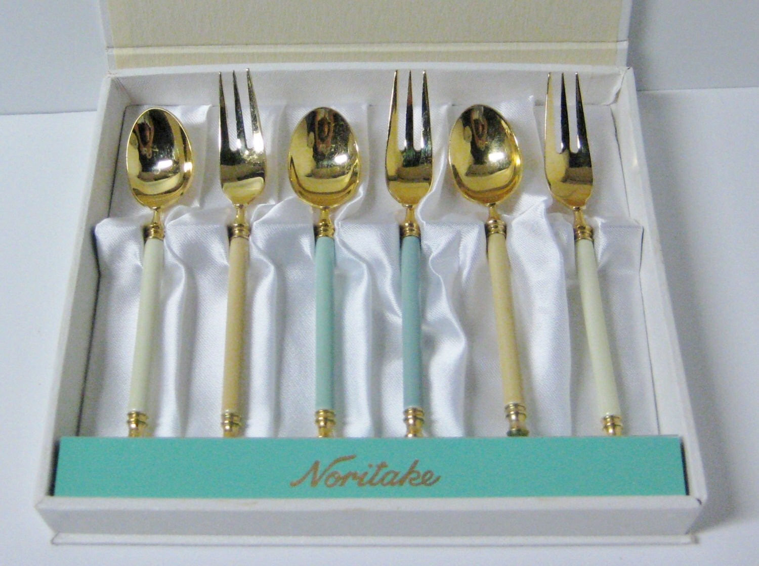 Vintage Noritake Cocktail Forks & Spoons Glass Ceramic Handles Gold ...