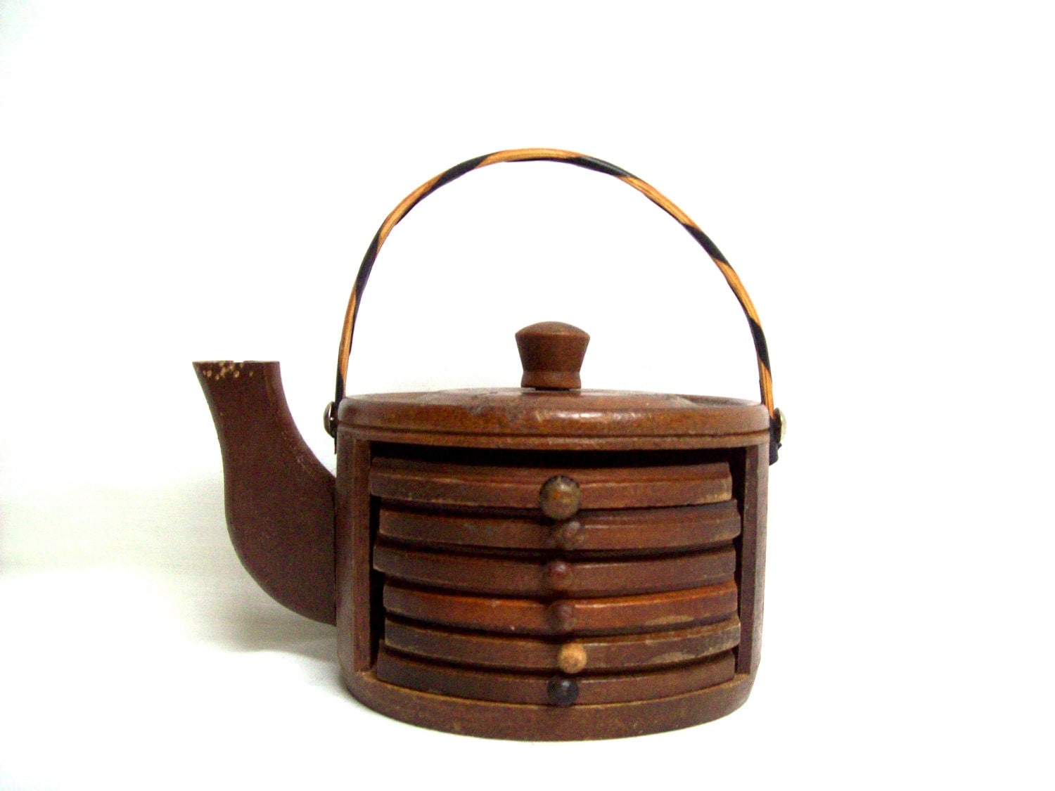 Vintage Wooden Tea Pot 6 Cork Coaster Set / Wooden Tea Pot