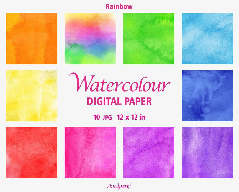Rainbow Colours Watercolour Digital Paper Clip Art. Set of 10
