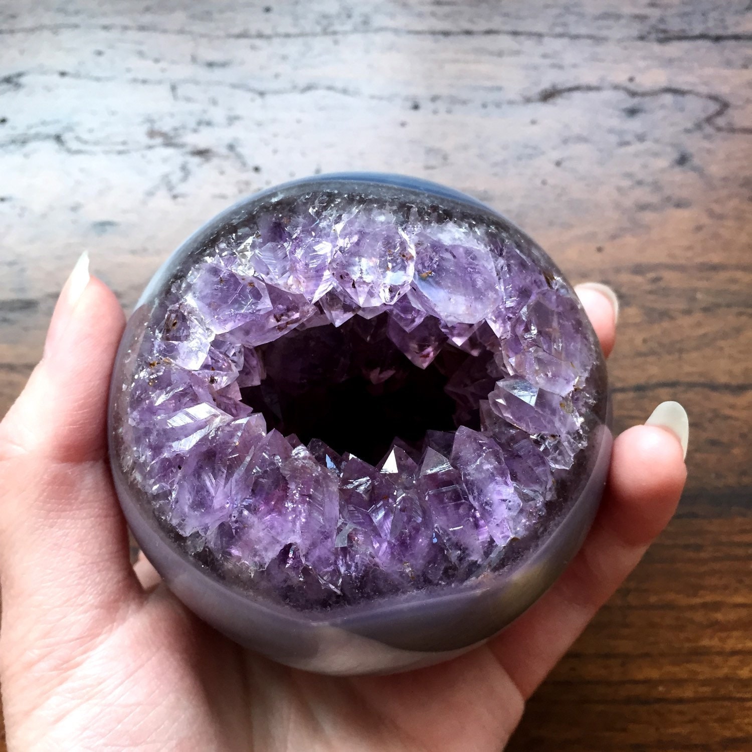 Amethyst Geode Sphere with Druzy Crystals Mineral Specimen