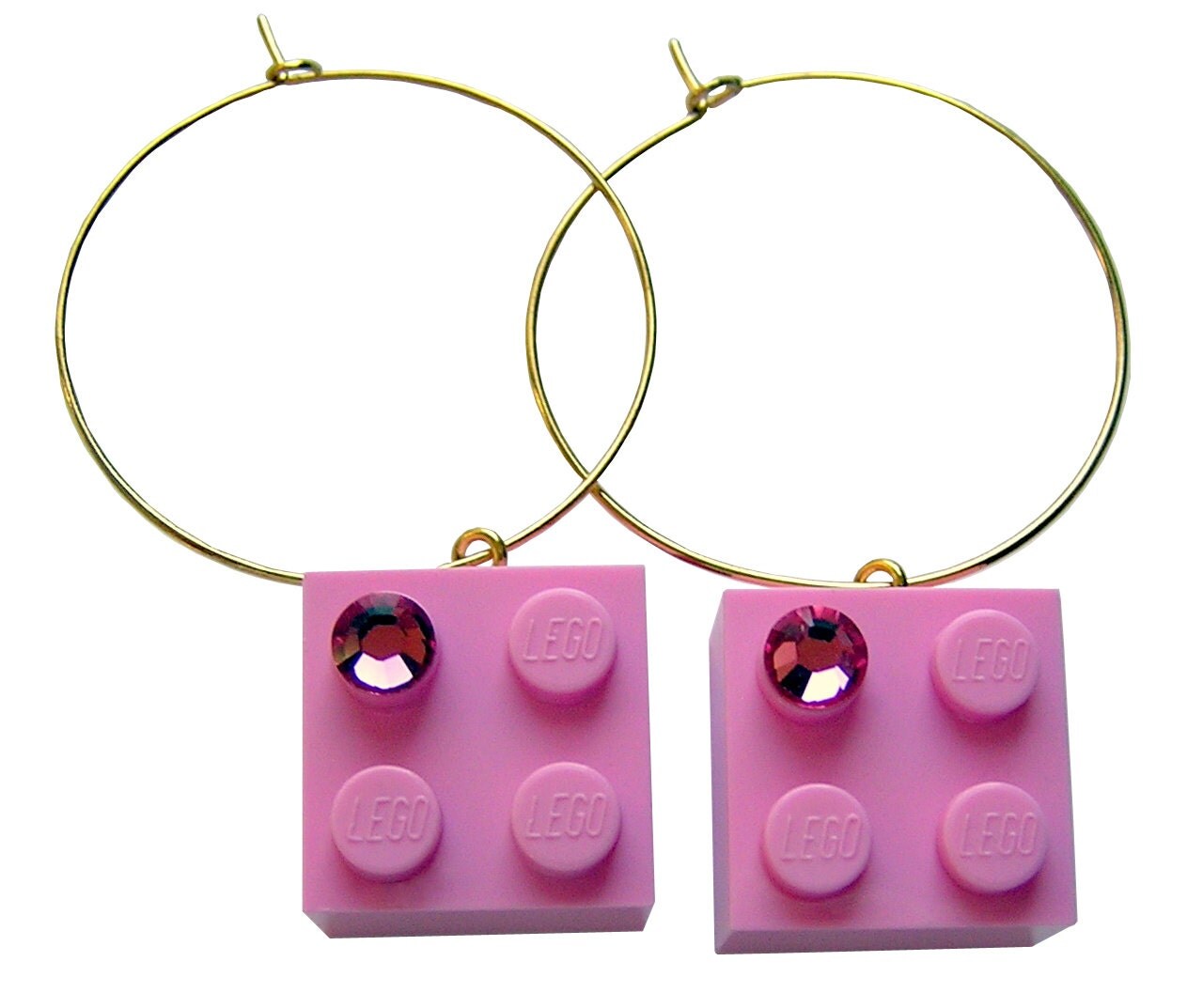 Light Pink LEGO R brick 2x2 with a Pink SWAROVSKI crystal on