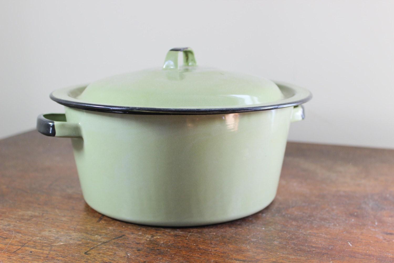 Enamelware Cooking Pot with Lid Green with Black Trim