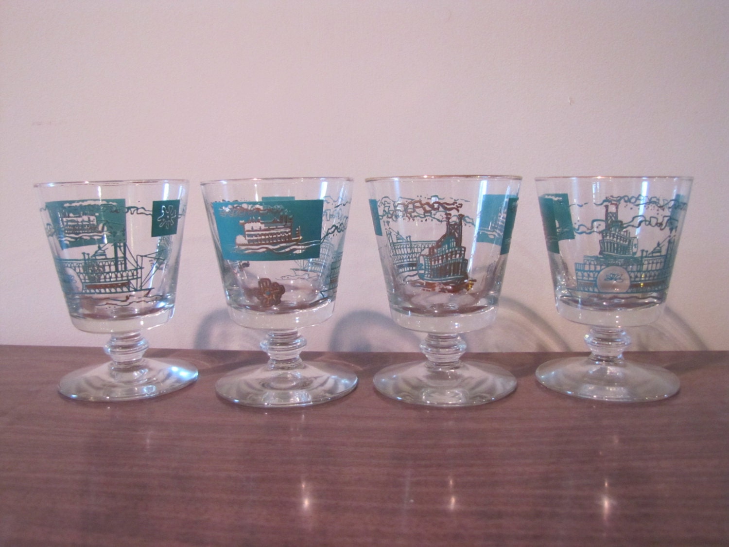 Libbey Steamboat Southern Comfort Footed Glasses Turquoise