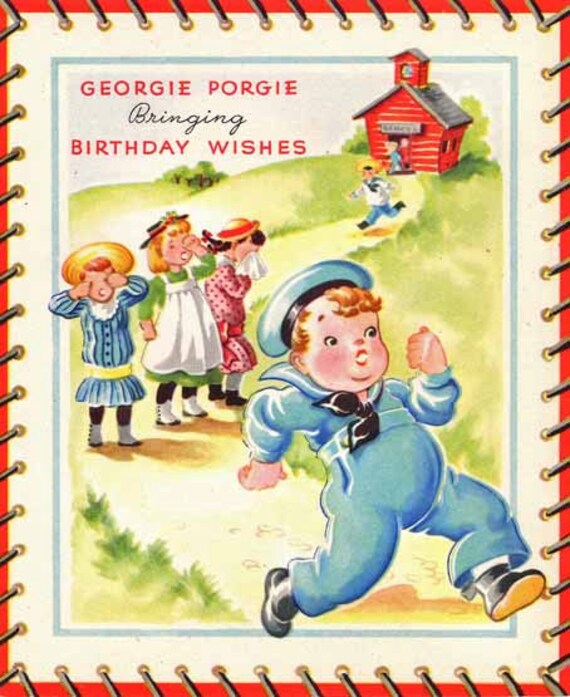 Vintage Georgie Porgie Nursery Rhyme Birthday Card with