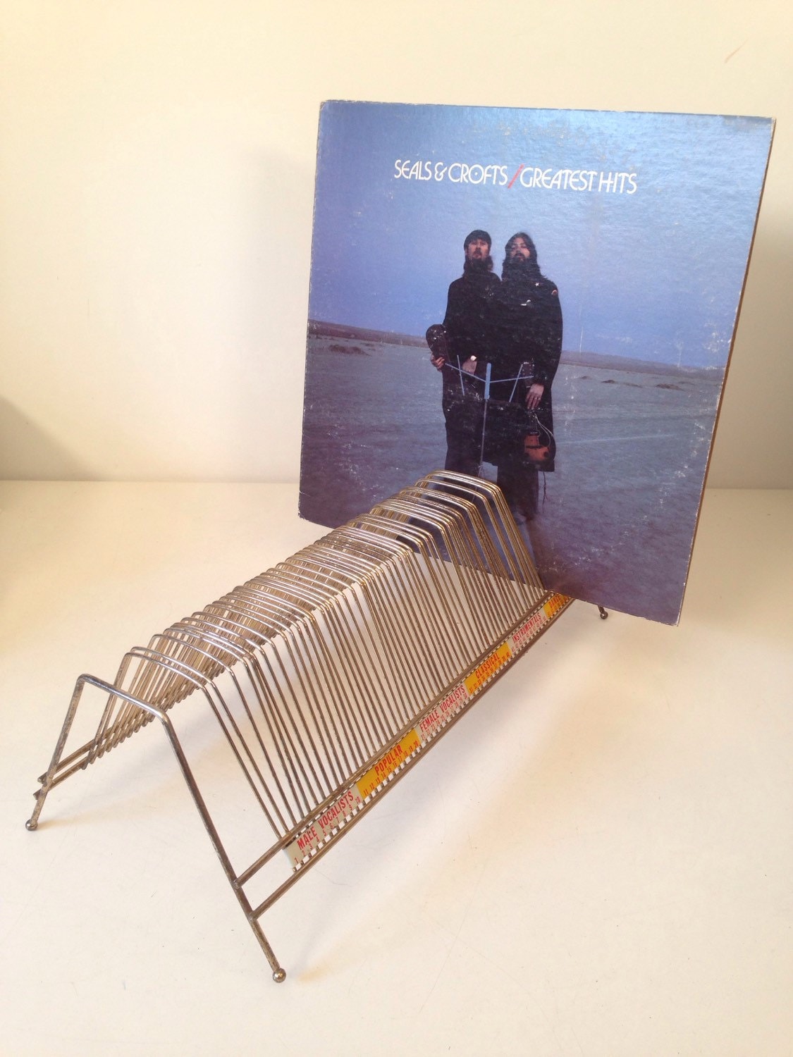 vintage record rack – brass record storage with teak wood handles ...