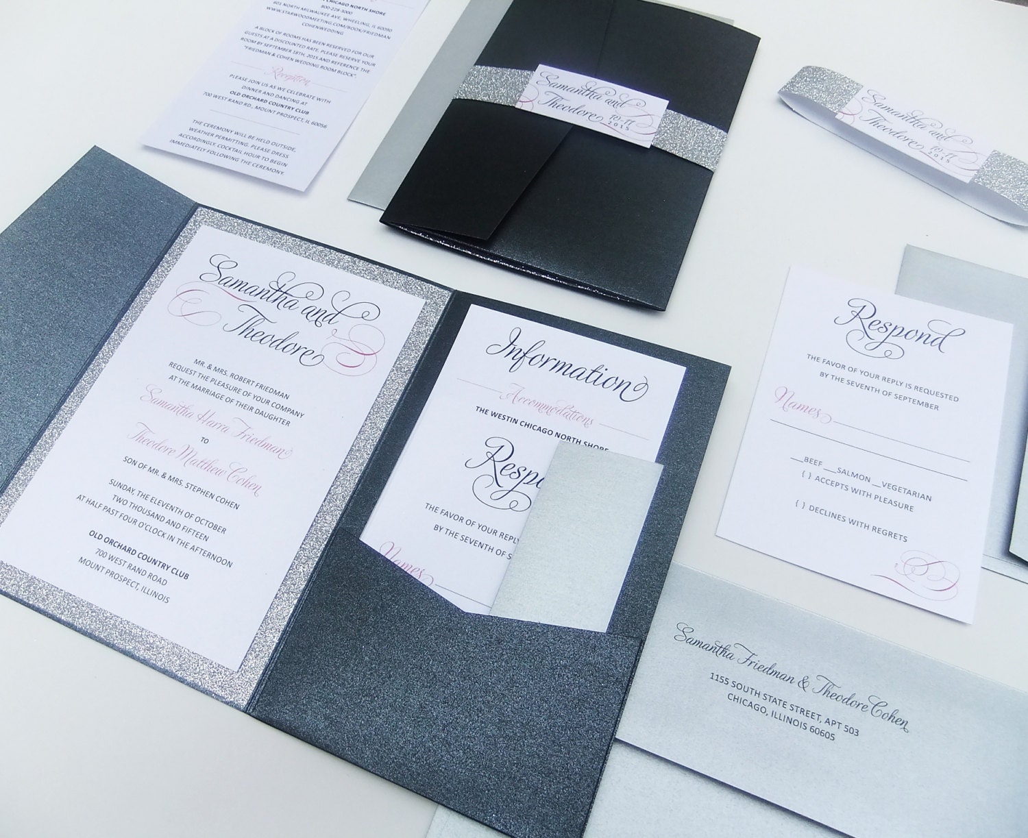 Black and Silver Glitter Wedding Invite Pocketfold Wedding