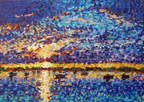 Items similar to Dusan Art Boats Yacht Sunset Pointillism Dots Marina ...