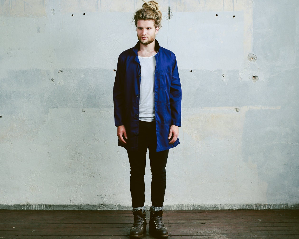 Vintage 80s FRENCH Work Coat . Jacket Canvas Dark Blue Distressed Men’s ...