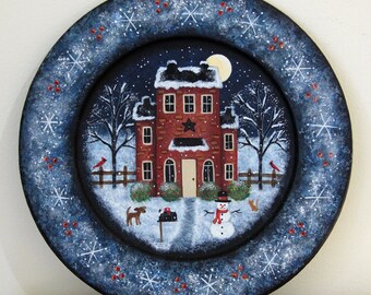 Winter Folk Art Painting Primitive Wood Plate by RavensBendFolkArt