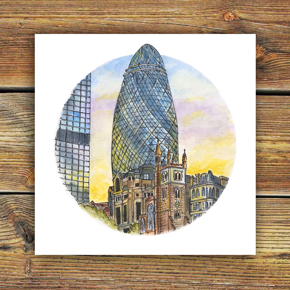London The Gherkin UK. Pen drawing and by adamfschofield on Etsy