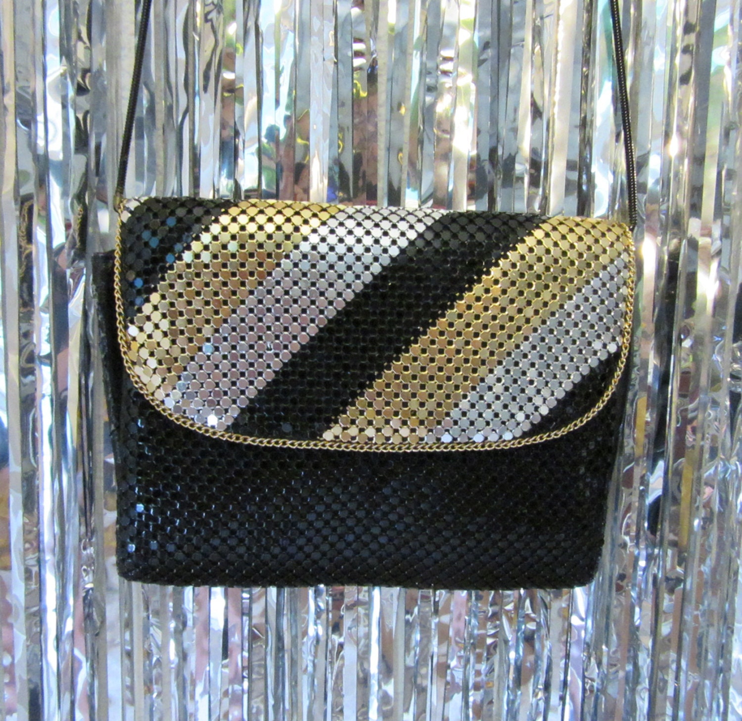 70s or 80s disco small purse clutch gold silver and black sequins ...
