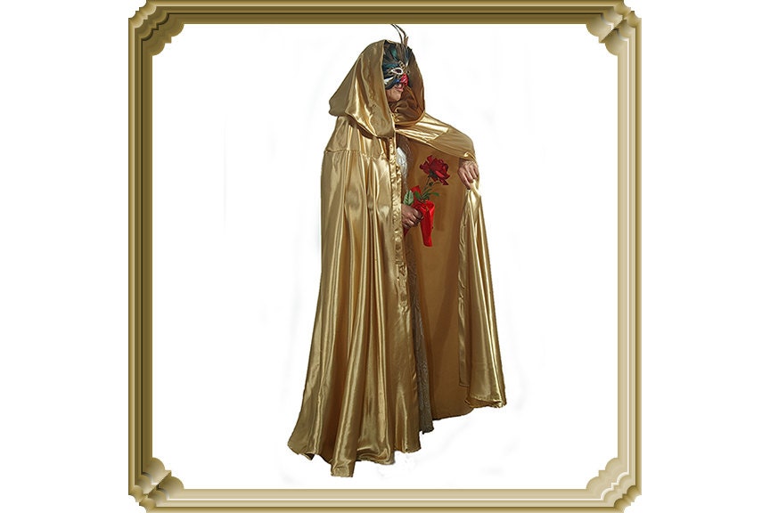Long gold satin cape with hood and sleeveless Inspired