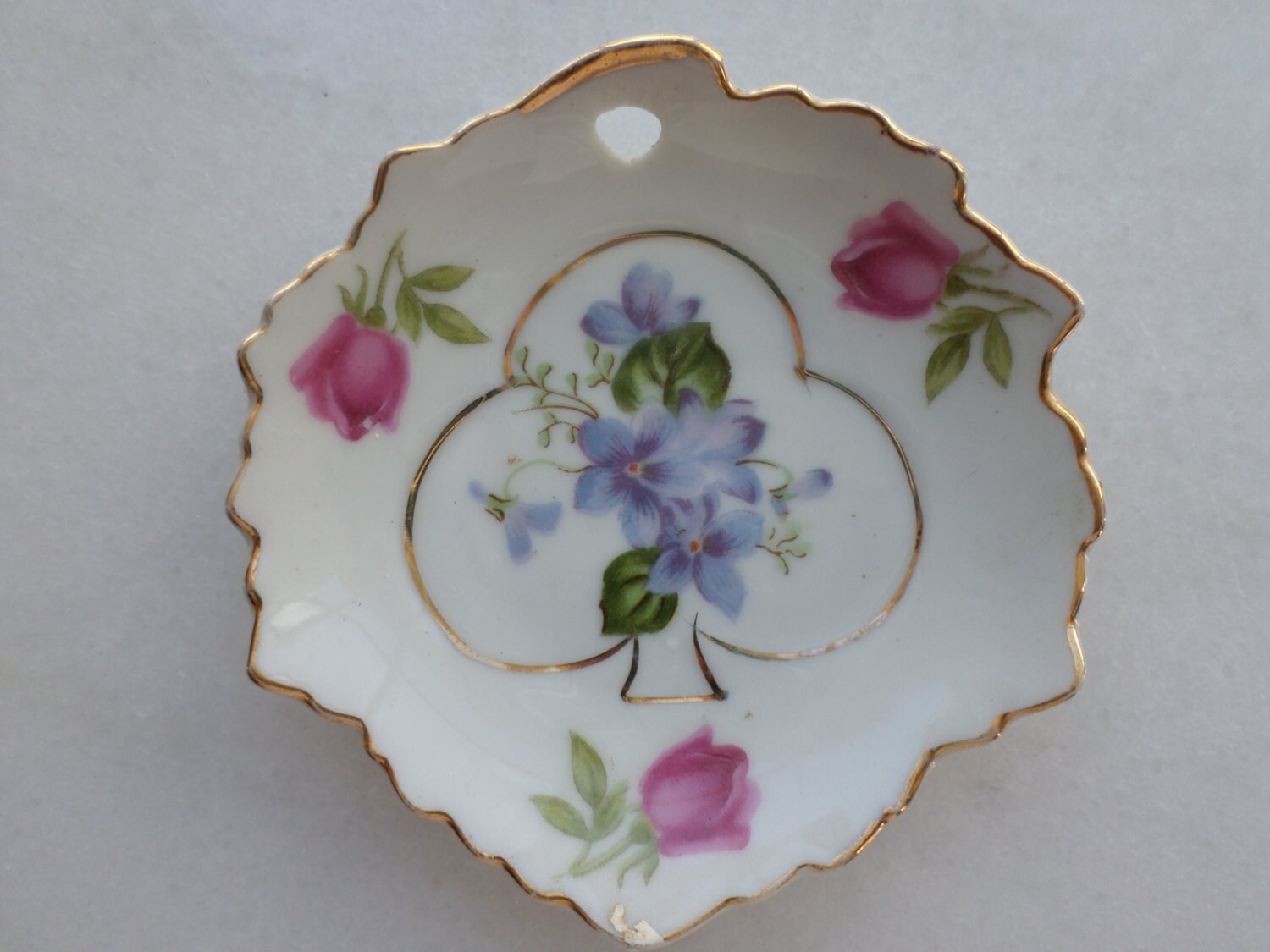 Lefton China Small Vintage Leaf/Clover Shaped Dish Violets Roses and ...