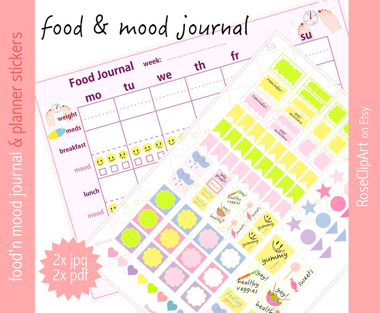 printable food and mood journal menu diary and page markers