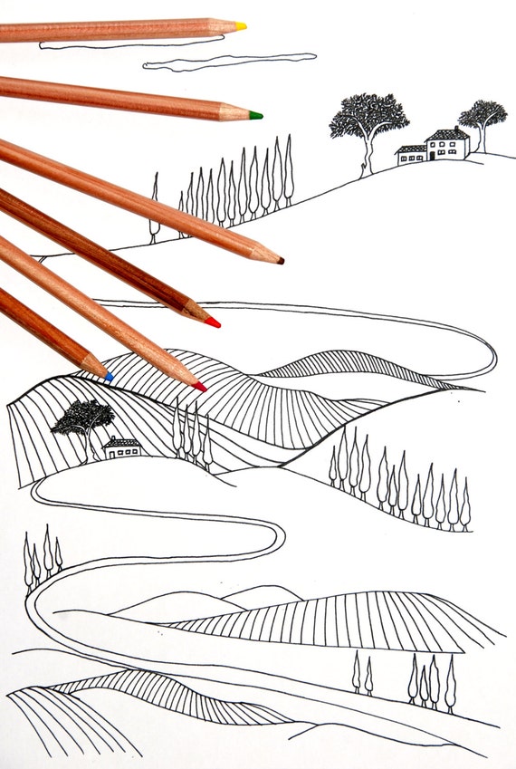 Printable Tuscany adult coloring page landscape countryside