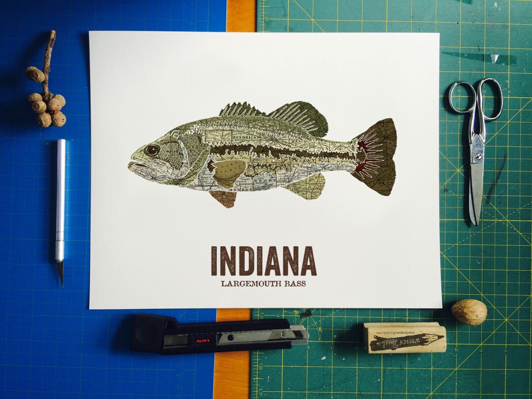 Indiana State Fish Map art Nature Outdoor art Vintage Map