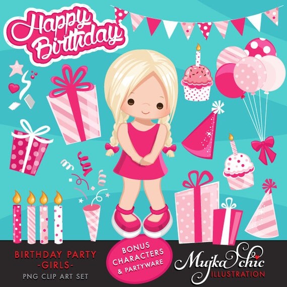 Girls Birthday Party Clipart with Cute characters birthday