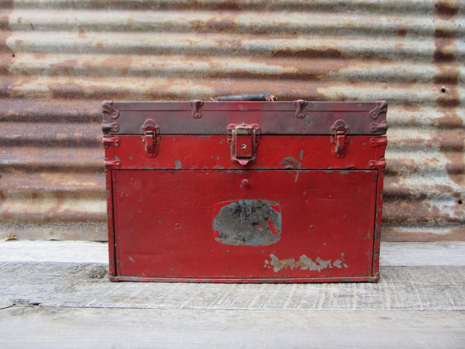 Antique Machinest Tool Box Painted Red Distressed Rustic Wood Drawers ...