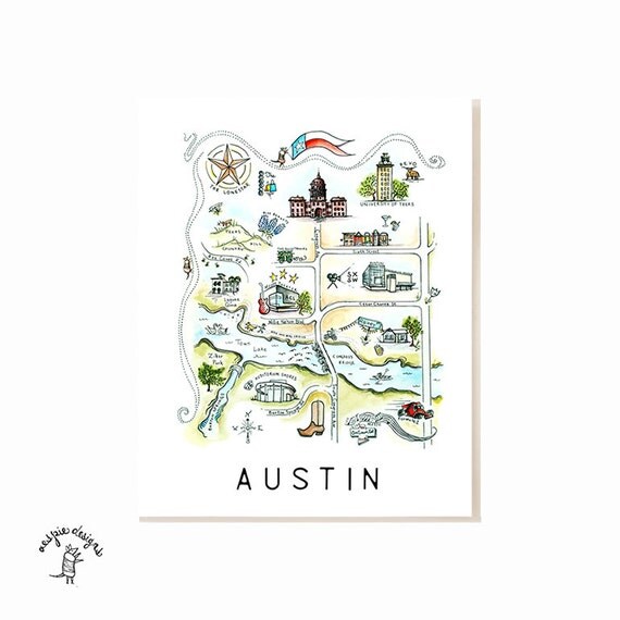 Austin City Map Art Print Watercolor Illustration