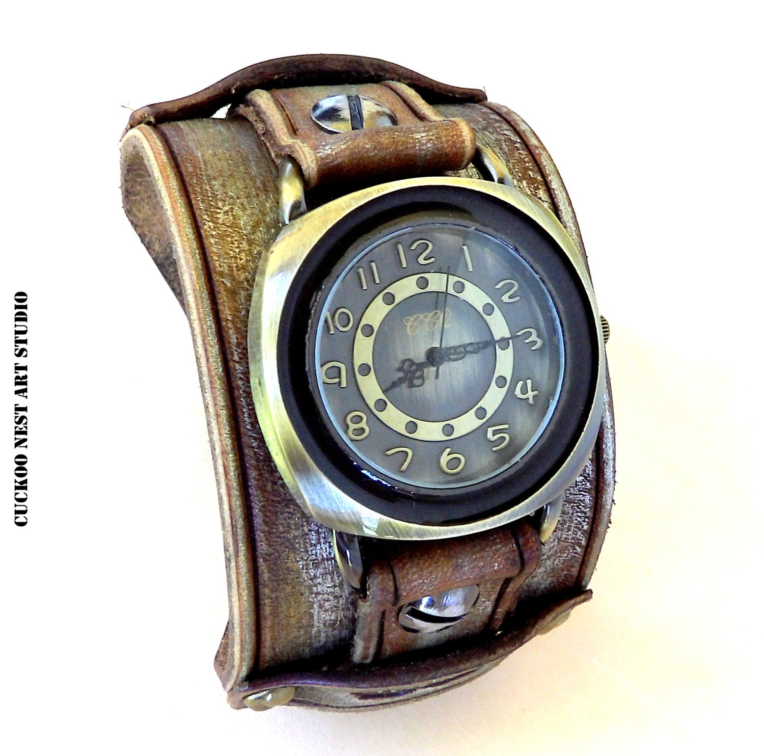 Rustic leather watch Women's wrist watch by CuckooNestArtStudio