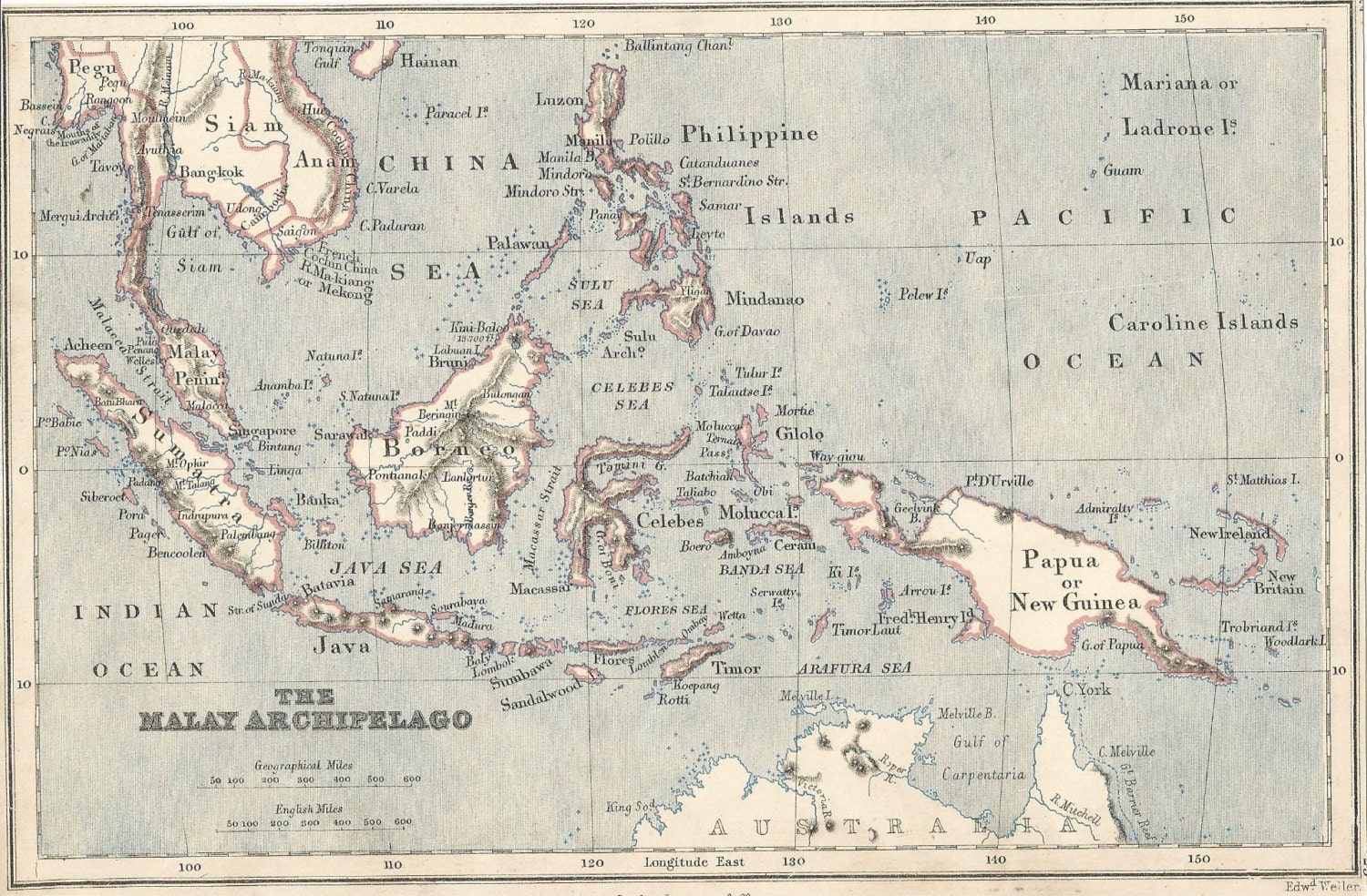 vintage antique 1873 map the malay archipelago.