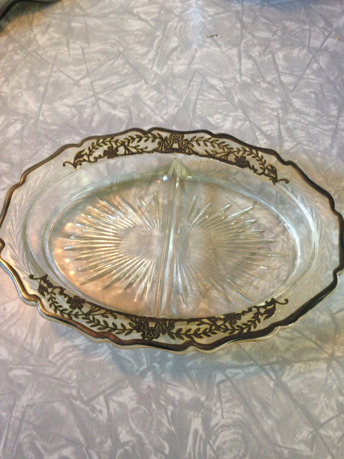 Vintage glass relish dish with divider and silver flowers – Haute Juice