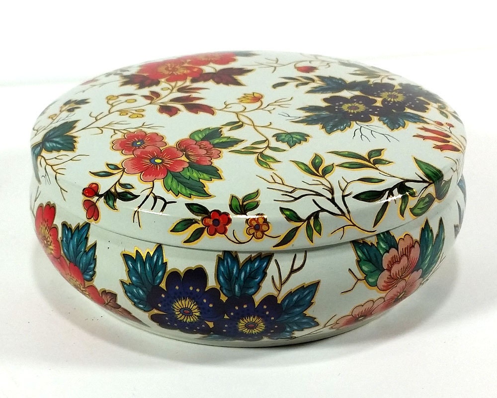 Vintage Metal Box – Pretty Floral Design, Flowers Outlined in Gold ...