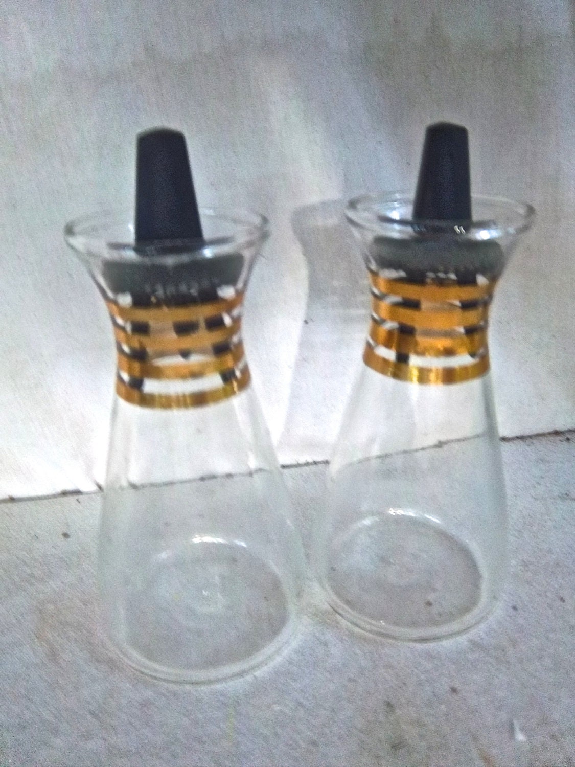 Vintage Pyrex Mid Century Salt and Pepper Shakers Gold Banded Glass Set ...