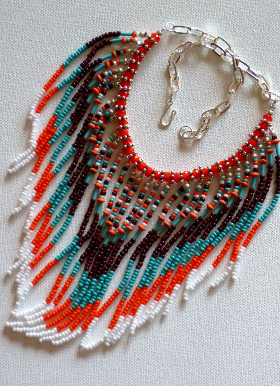 Native American beaded necklace in turquoise orange white