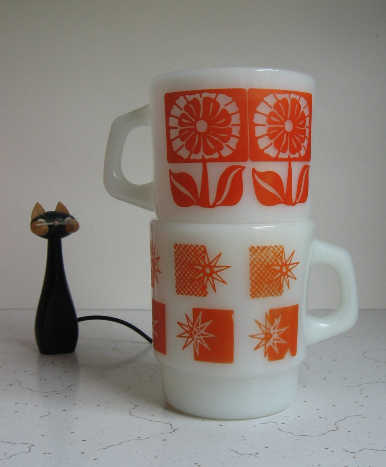 Vintage Pair Fire King Stackable D-Handle Mugs – Milk Glass, Bright ...