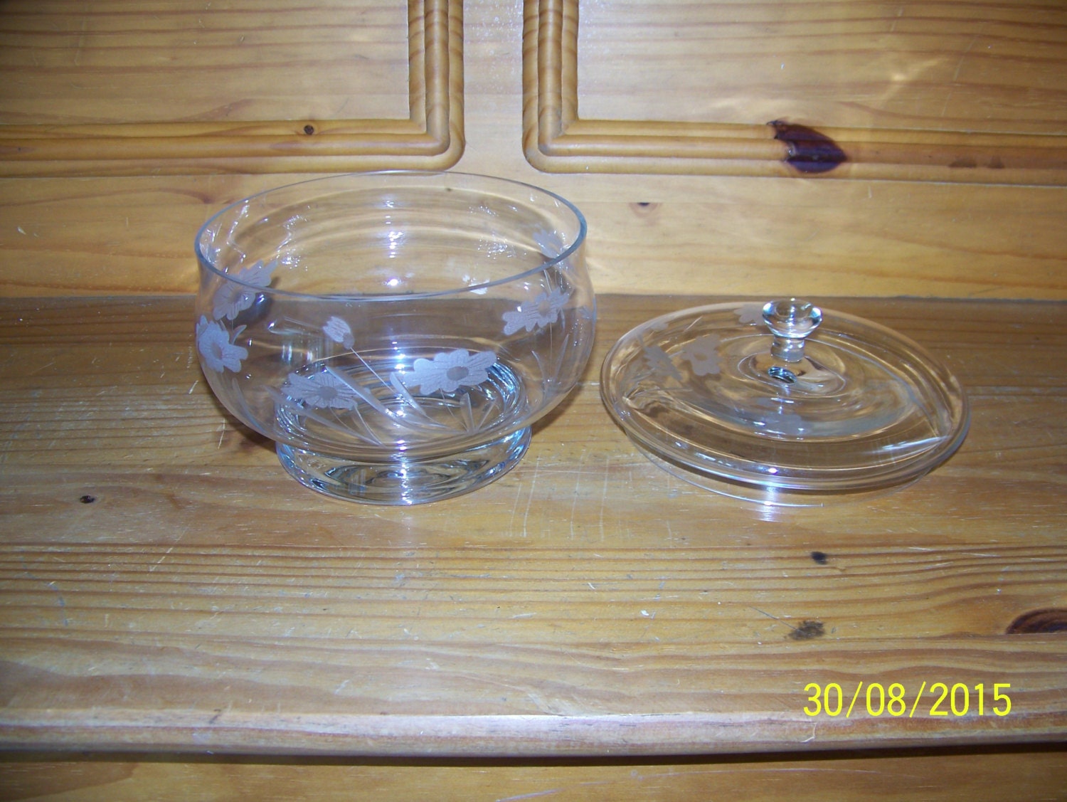 Crystal Glass Covered Frosted Satin Floral Etched Candy Dish