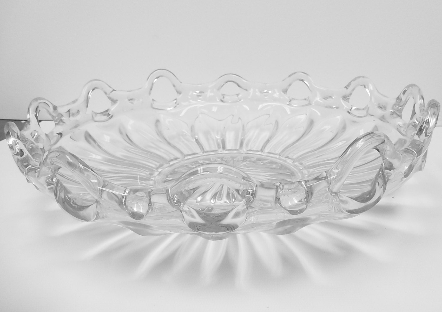 Vintage Large Pressed Glass Bowl, Starburst Design, Scalloped Glass ...