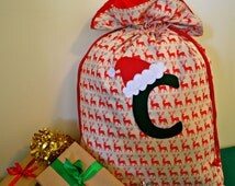 Personalised Santa Sacks, Cream with Red Reindeers large drawstring ...