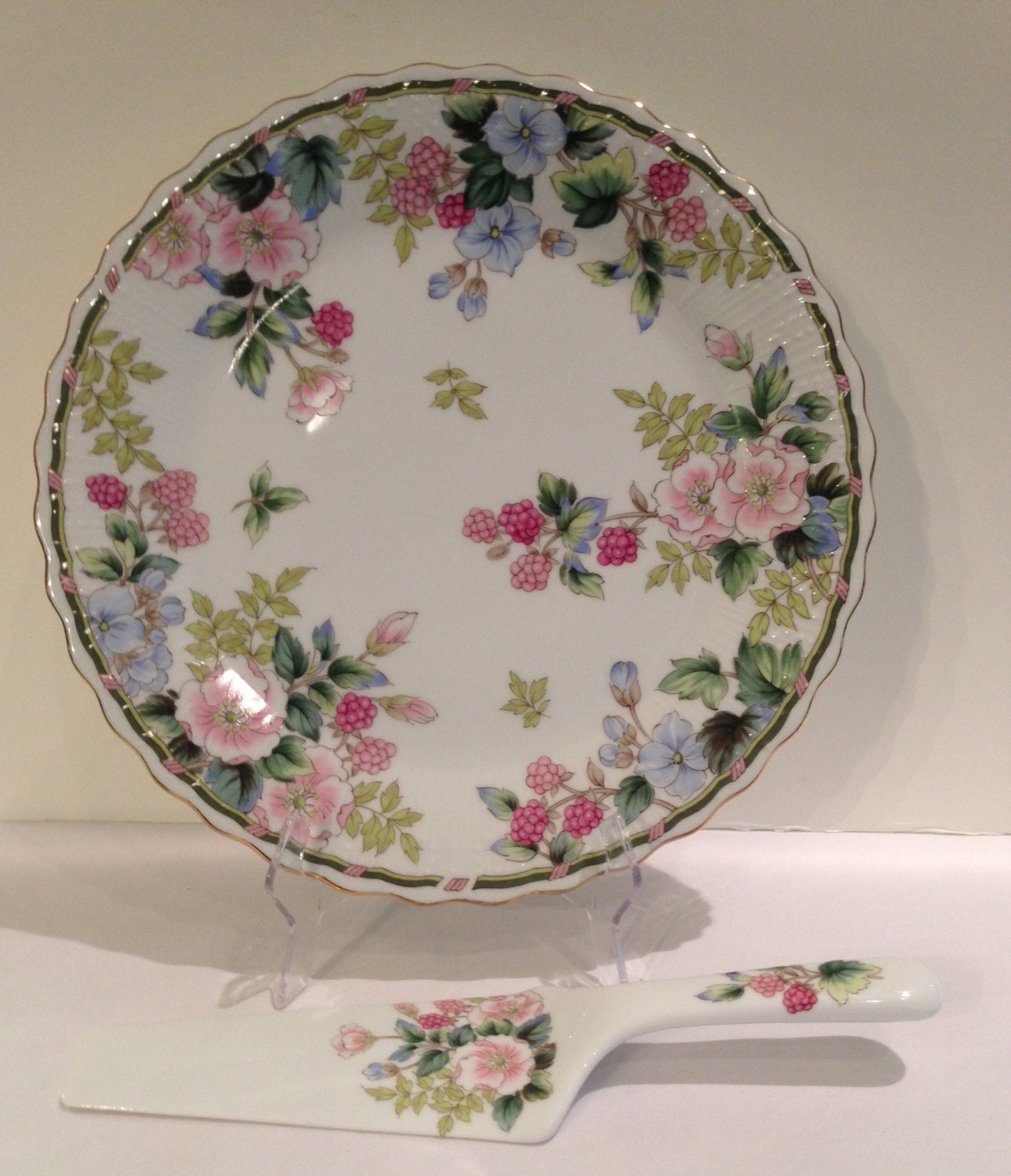 Andrea By Sadek Cake Plate and Server, Floral and Berries, Porcelain ...