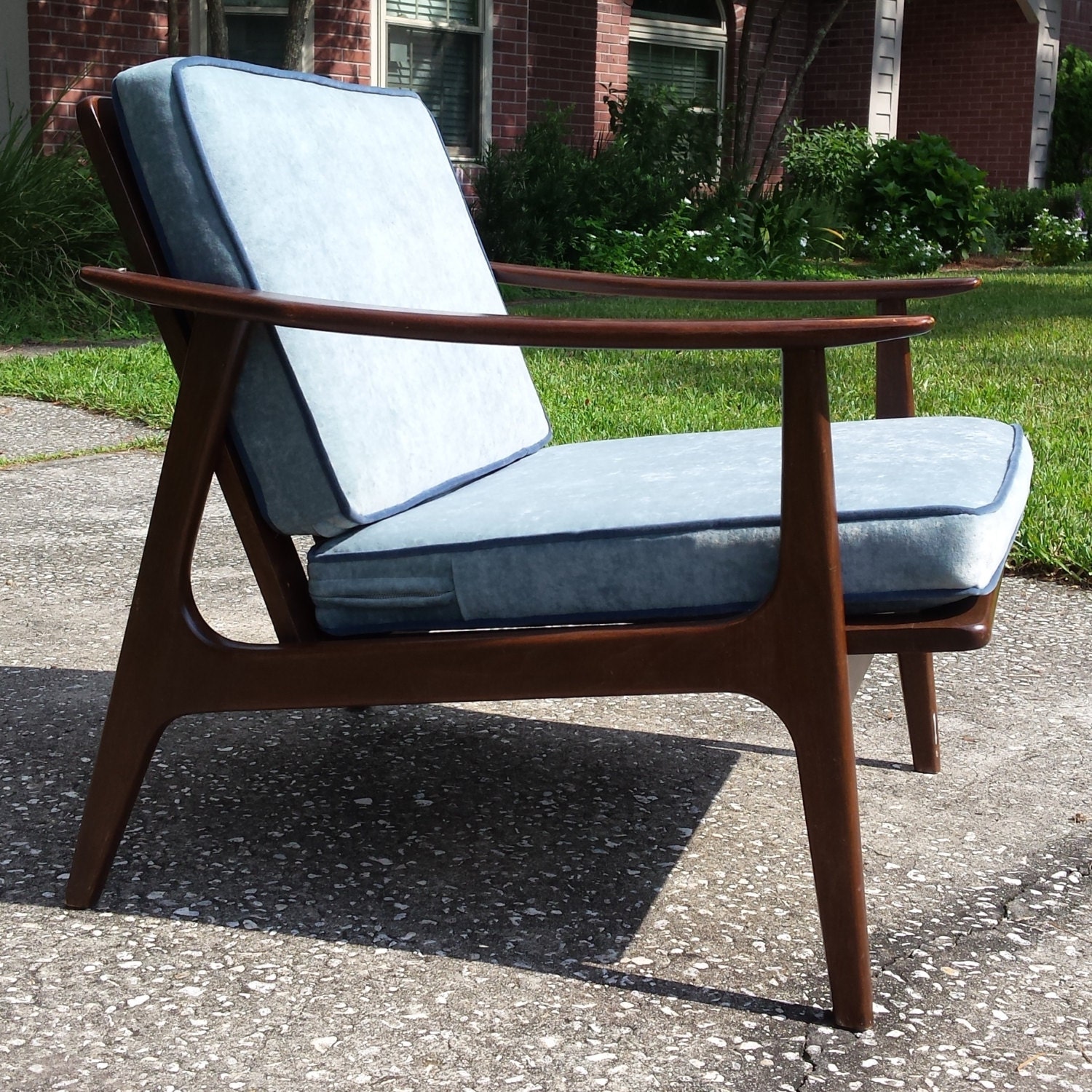 Mid Century Modern Wood and Pale Blue Cushioned Slat Back Chair – Haute ...