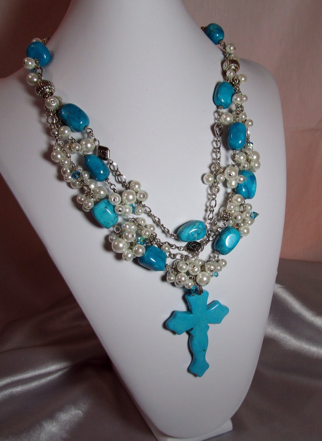 Turquoise Cross Pendant Necklace Set/Turquoise Cross