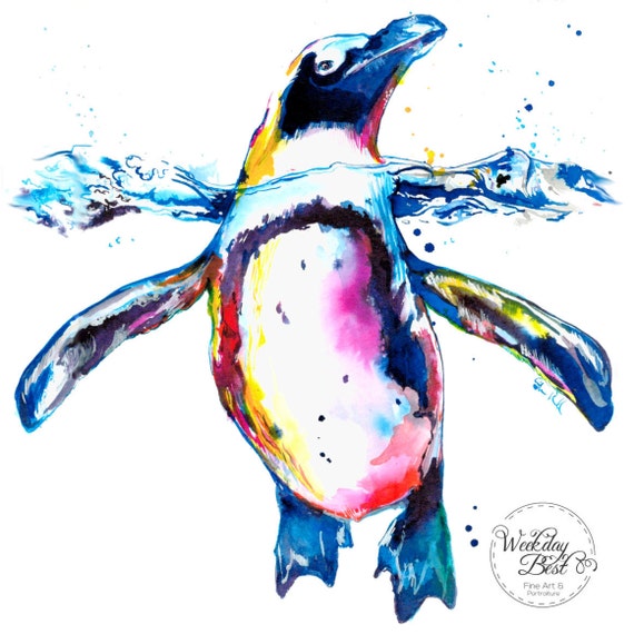 Colorful PENGUIN Art Print of original watercolor painting