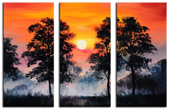 Trees at sunset 3 panel split Triptych Canvas Print. For