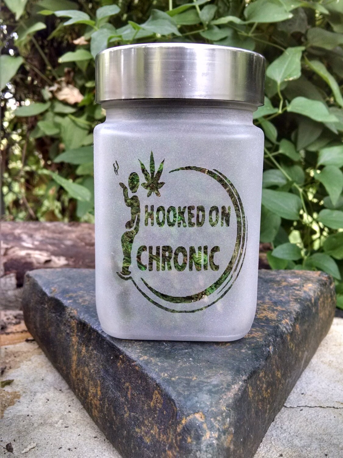 Hooked On Chronic Etched Glass Stash Jar & Weed Accessories by