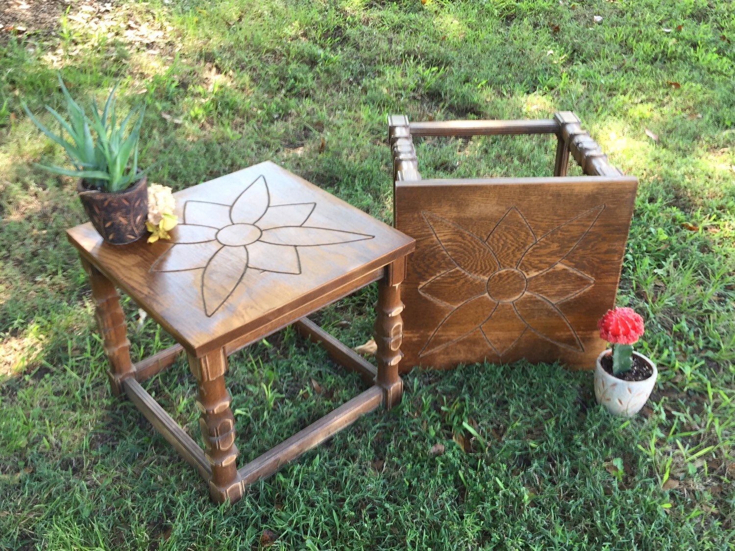 Beautiful Set of Two Vintage Flower Carved End Tables – Haute Juice