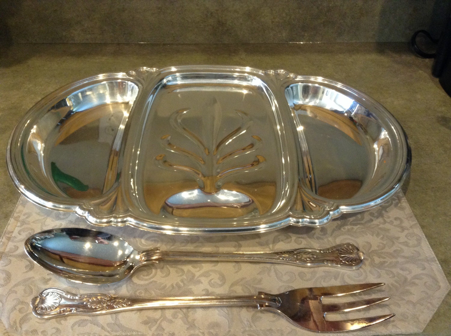 Large Silver serving platter with serving utinsels, 3 Section, Tree of ...