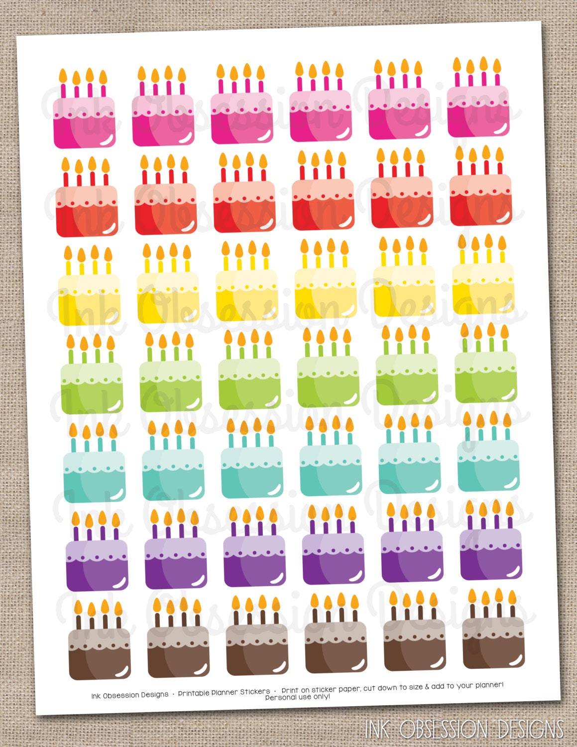 Cakes Printable Planner Stickers Birthdays by InkObsessionDesigns