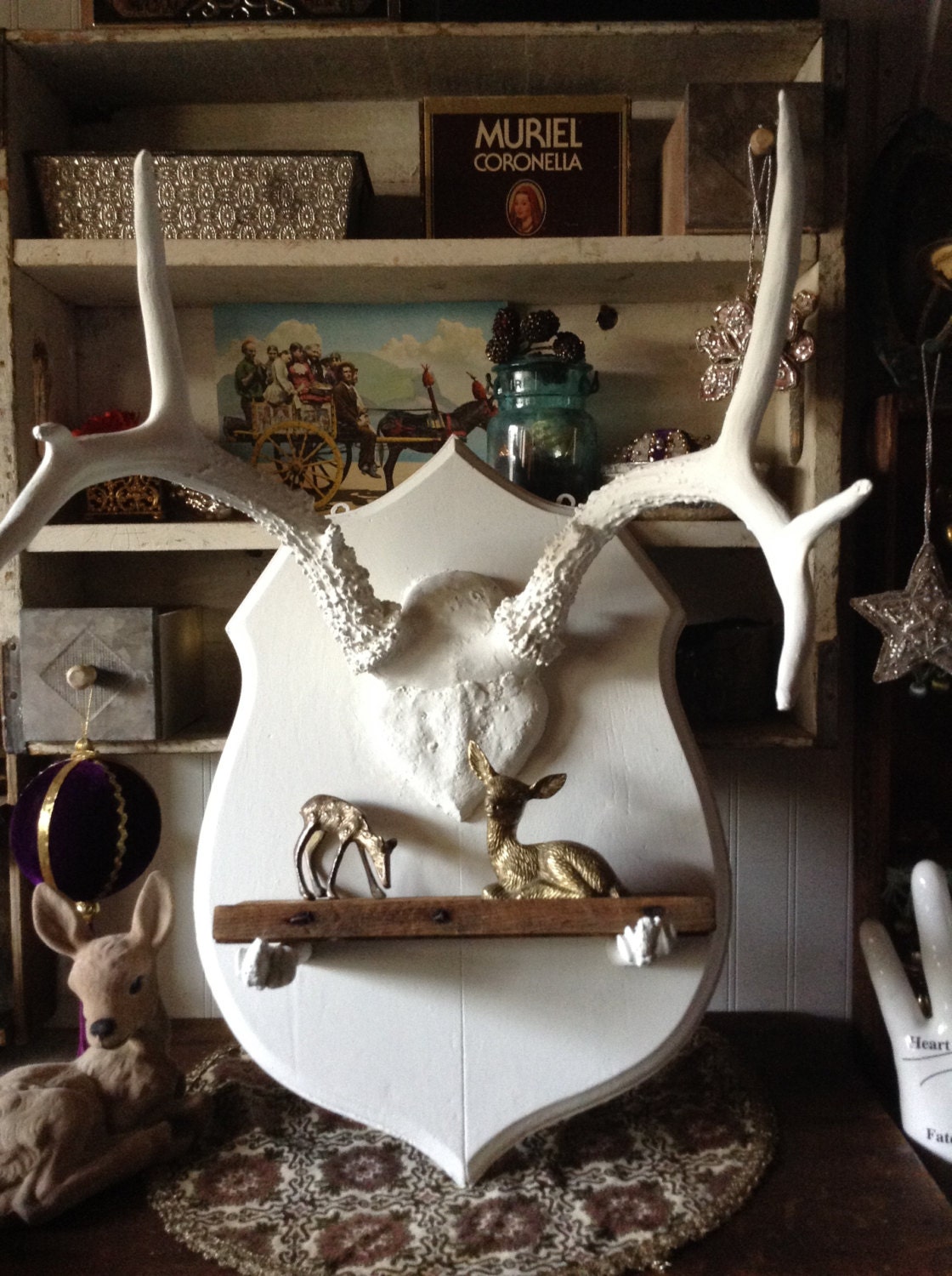 Vintage Deer Antler Rack Mounted on Wood Shield with Built -in Wood ...