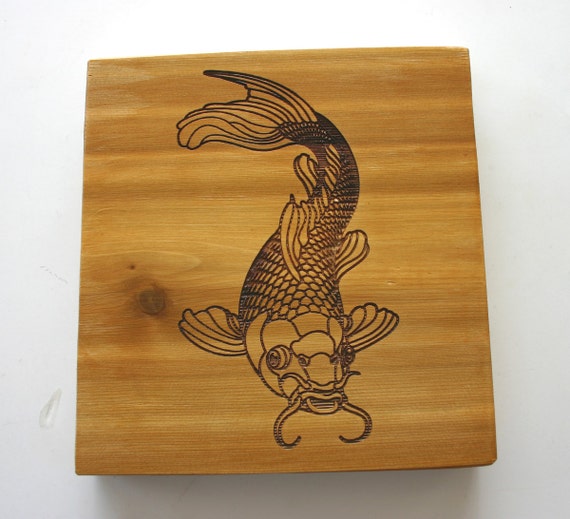 Koi Fish Engraved Cedar Sign Japanese Carp Rustic Wood Sign