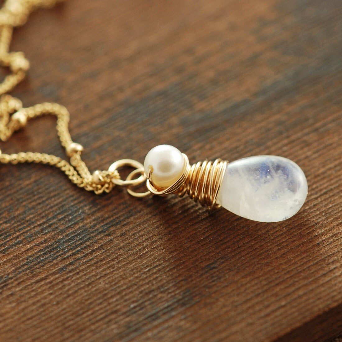 Moonstone Pearl Gold Necklace Delicate Layering by aubepine