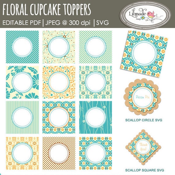 Floral cupcake toppers, editable PDF cupcake toppers, SVG scallop ...