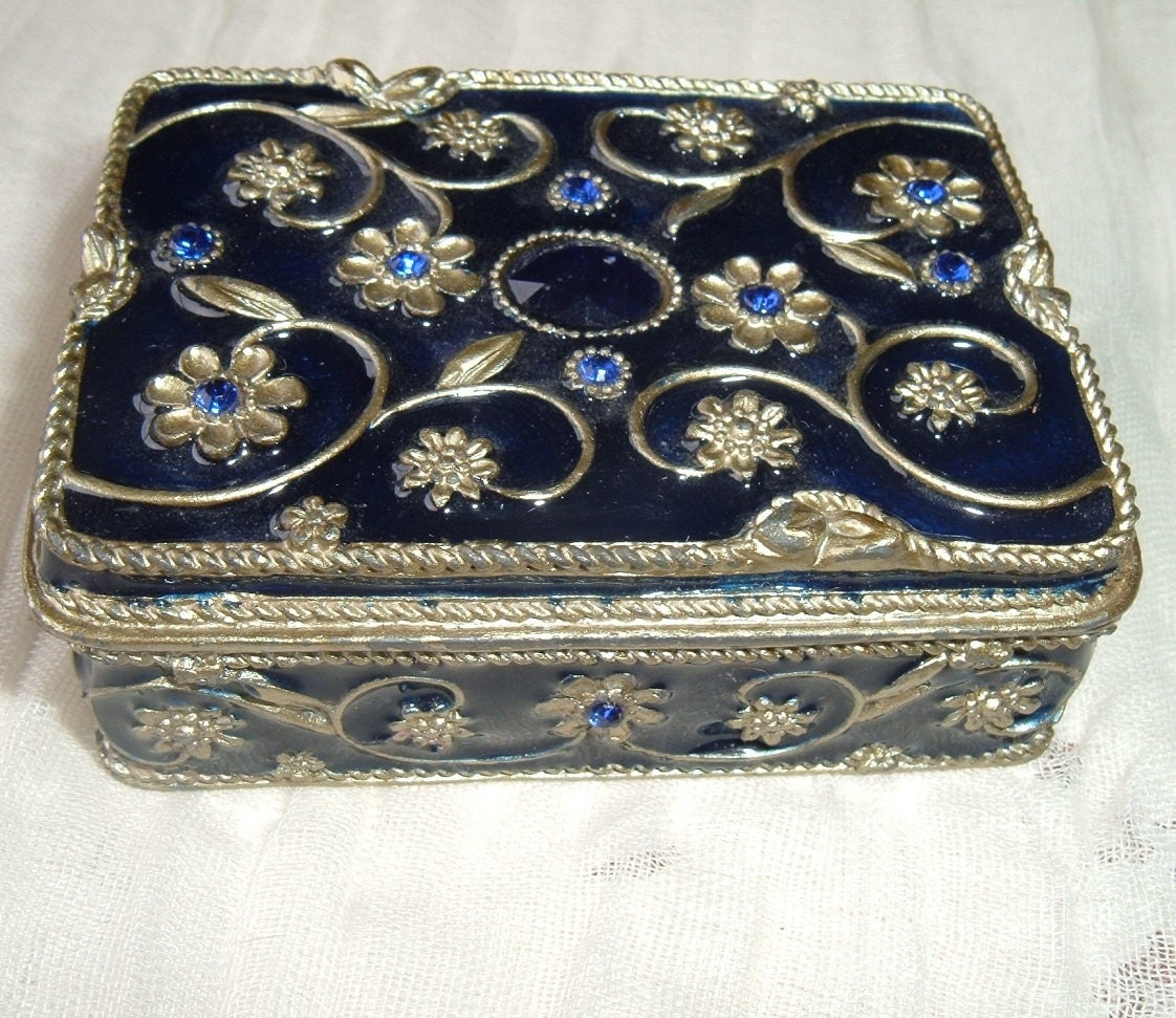 Enamel Trinket Box, Silver and Blue Color, Gorgeous, Separate Lid Made ...